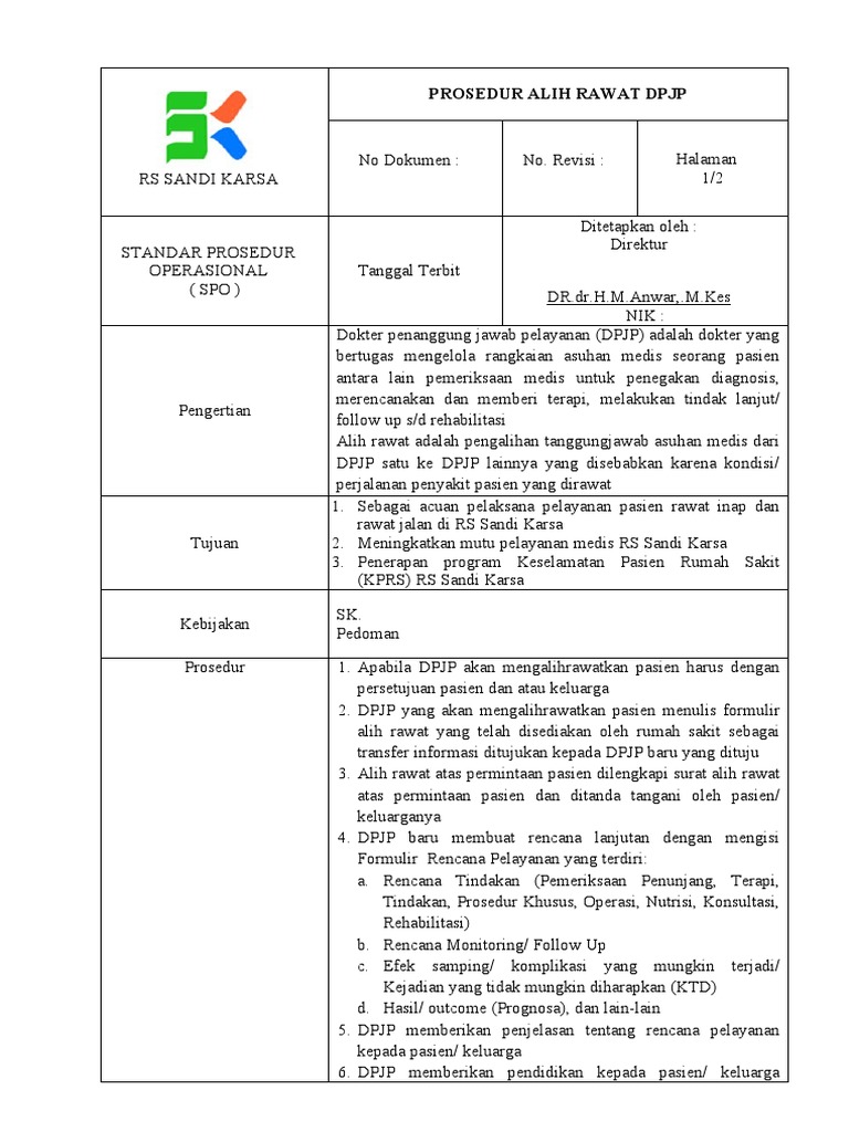Spo Alih Rawat DPJP | PDF | Pengembangan Diri | Kesehatan Holistik