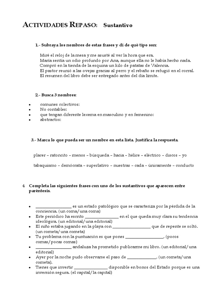 Actividades-Repaso Sustantivo | PDF | Ficción general