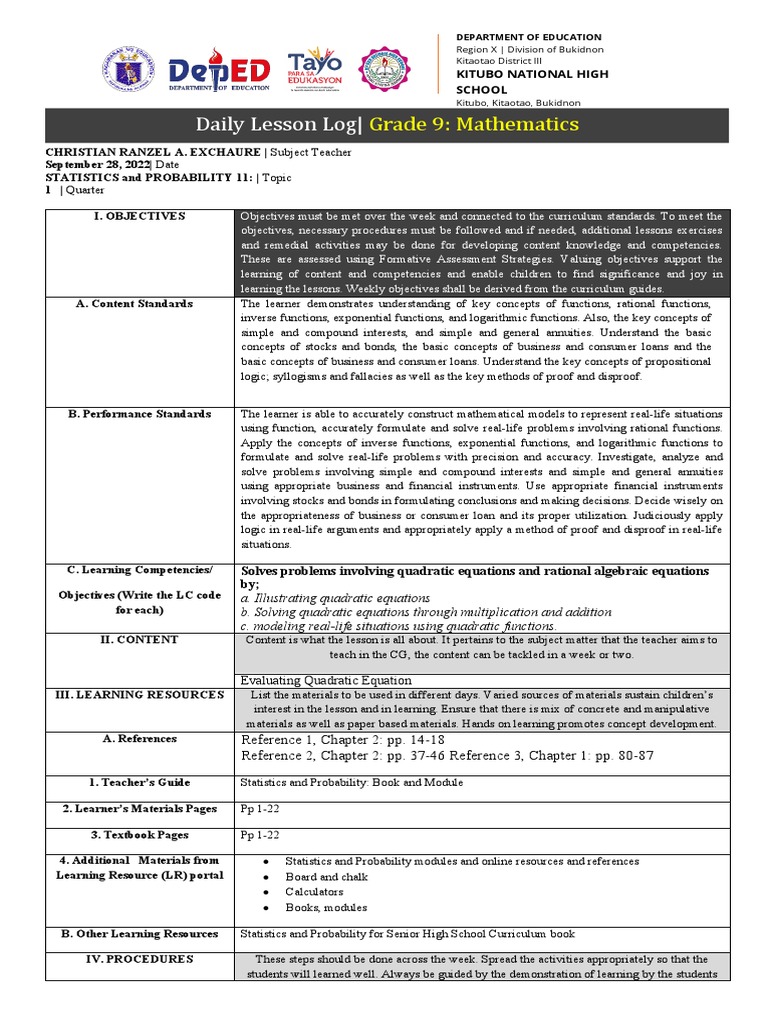 Quadratic Lesson Plan For Grade 9 | PDF | Learning | Teachers
