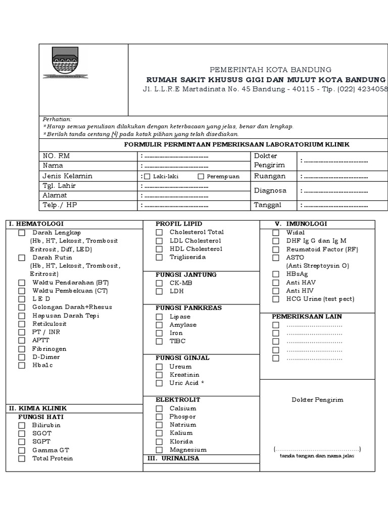 Formulir Pemeriksaan Lab RS Gigi Bandung | PDF