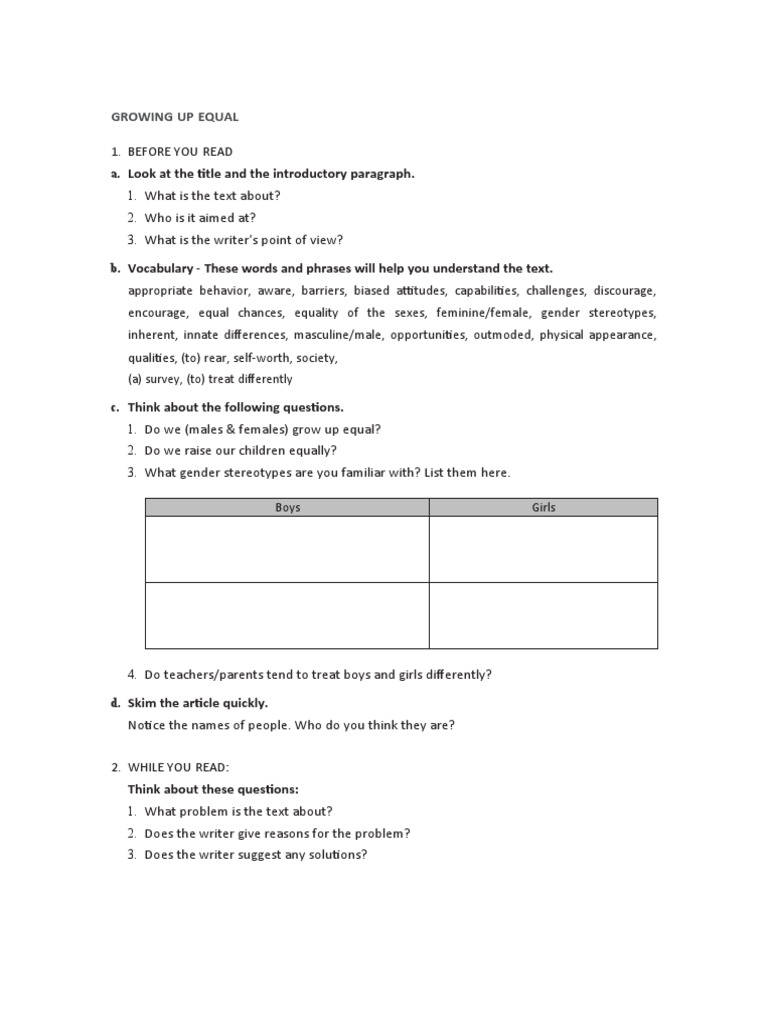 Growing Up Equal Questionnaire | PDF | Gender | Gender Studies
