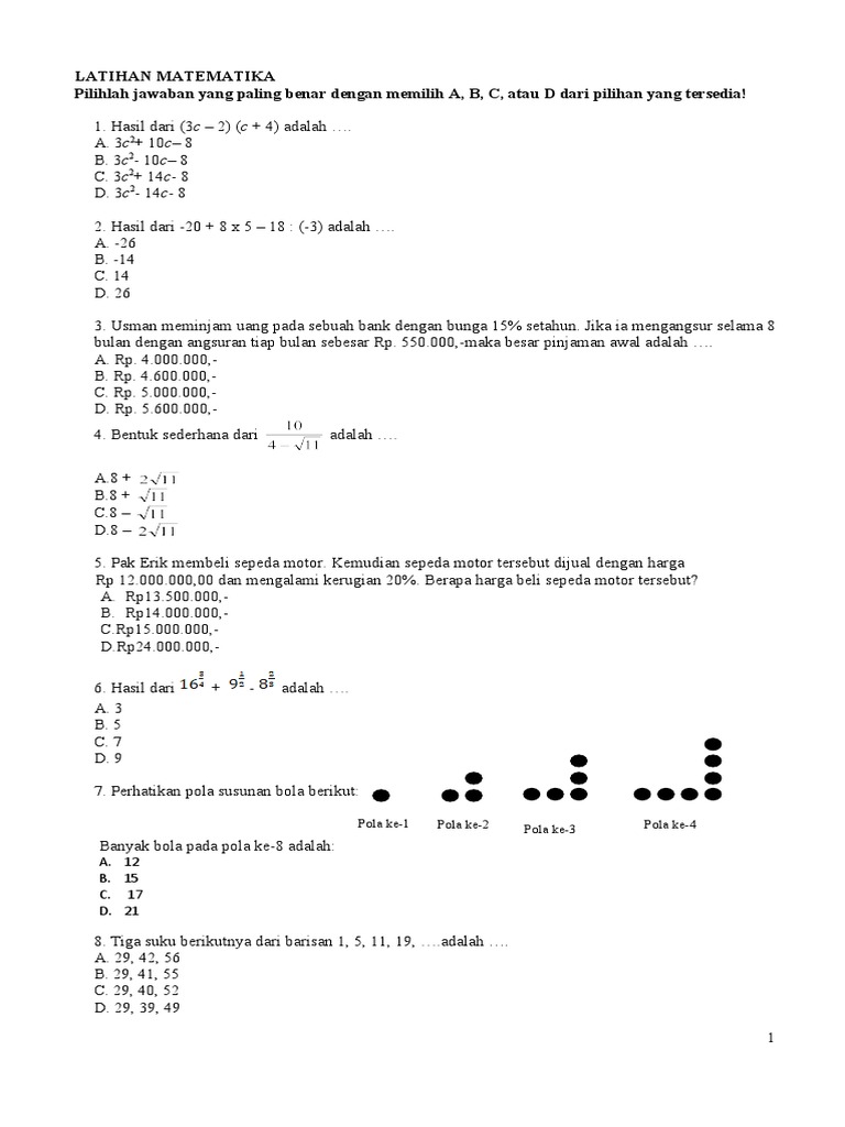 Latihan Soal Matematika Pilihan Ganda | PDF