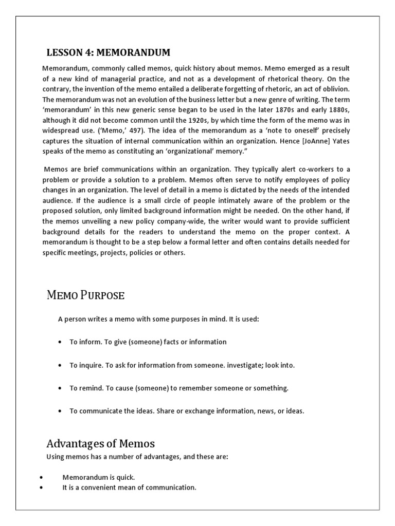 Lesson 4: Memorandum: Advantages of Memos | Download Free PDF ...