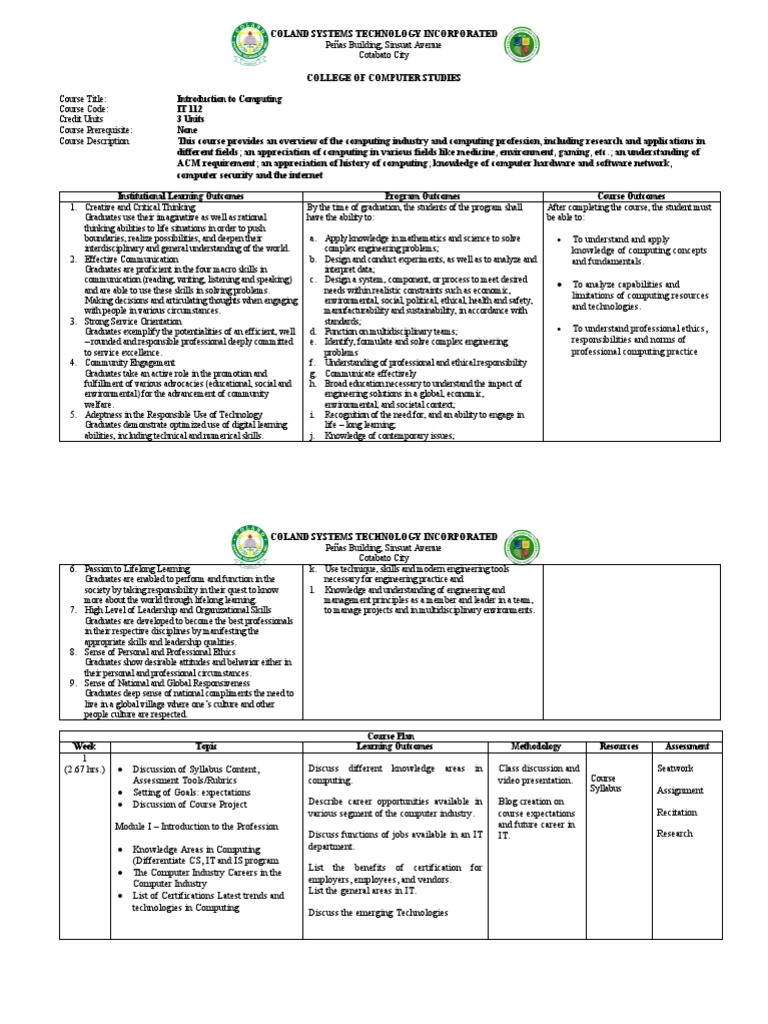 College-Of-Computer-Studies-Intro-To-Computing - Obe Syllabus | PDF | Computer Network | Computing