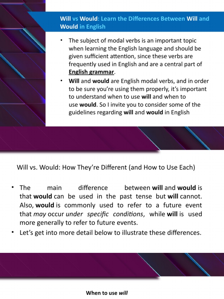 Will vs Would: When to Use Each Modal Verb | PDF | Cognition | Grammar