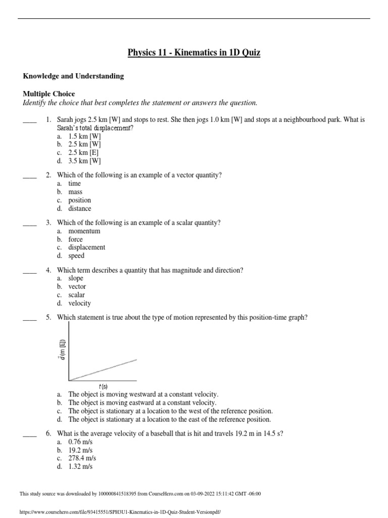 SPH3U1 Kinematics in 1D Quiz Student Version PDF | PDF | Velocity ...