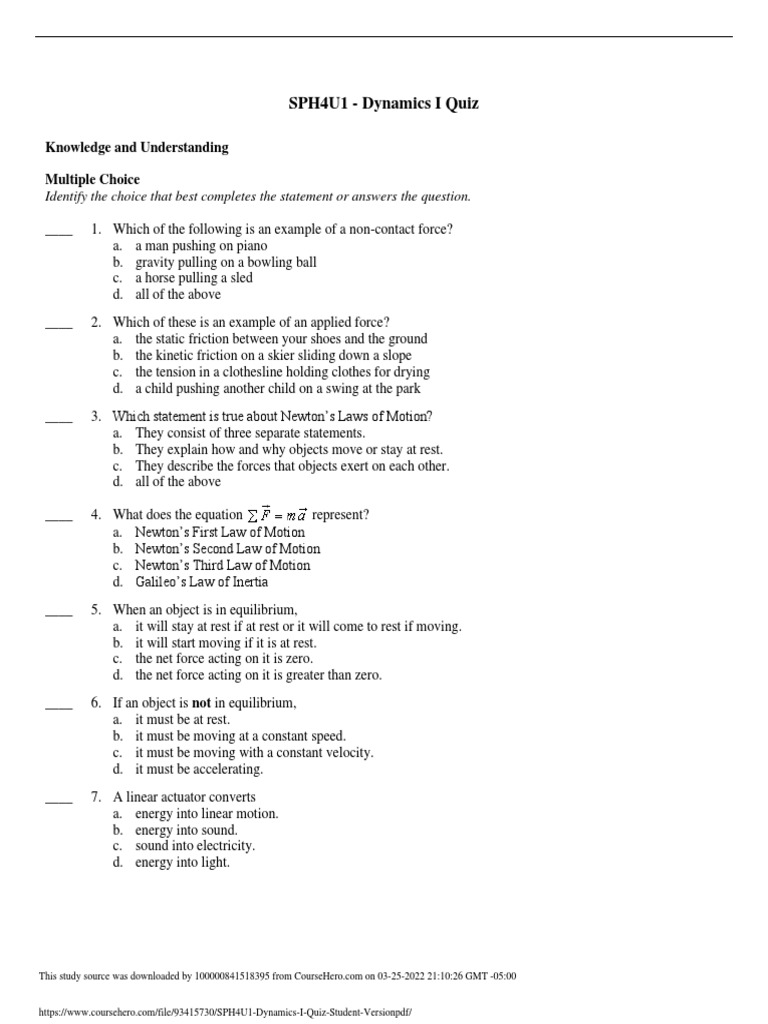 SPH4U1 Dynamics Quiz Overview | PDF | Force | Newton's Laws Of Motion
