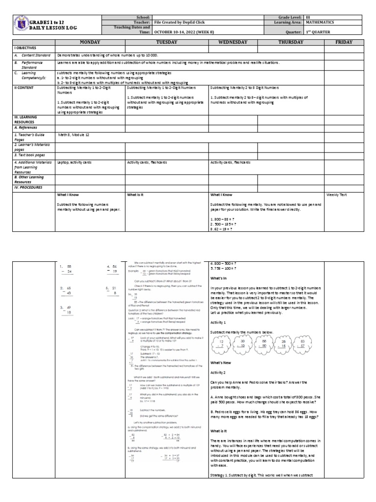 DLL - Mathematics 3 - Q1 - W8 | PDF | Learning | Subtraction