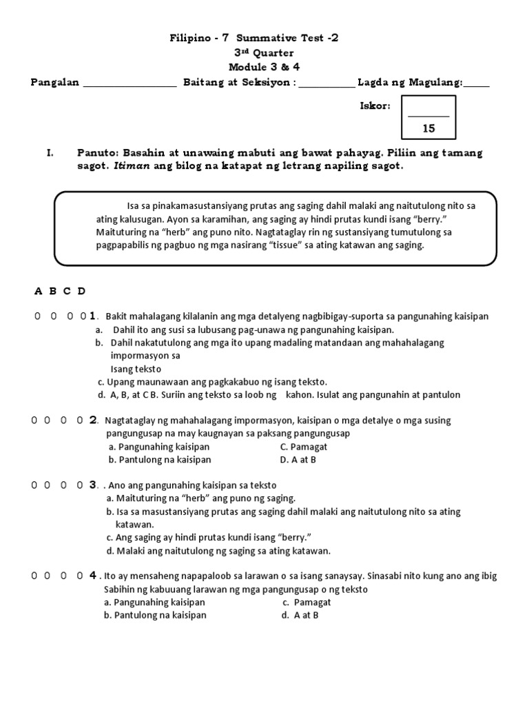 Fil7 Q3 Ikalawang-Lagumang-Pagsusulit | PDF