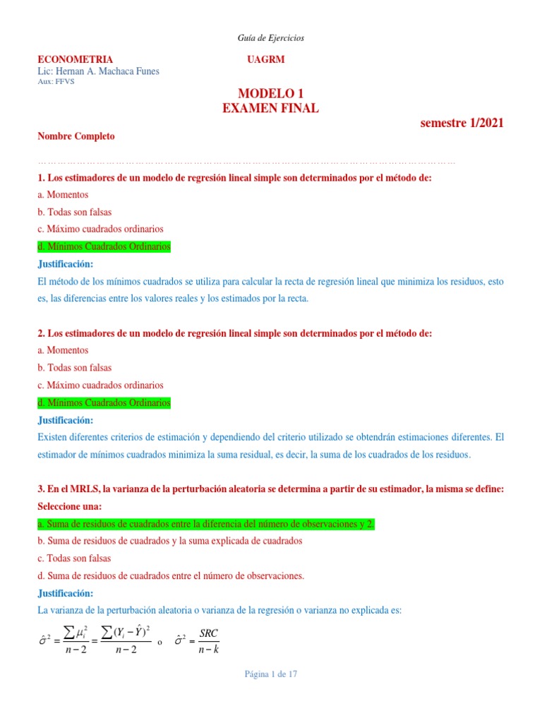 MODELO 1 Examen Final Semestre 1 2021 | PDF | Mínimos cuadrados ordinarios | Regresión lineal
