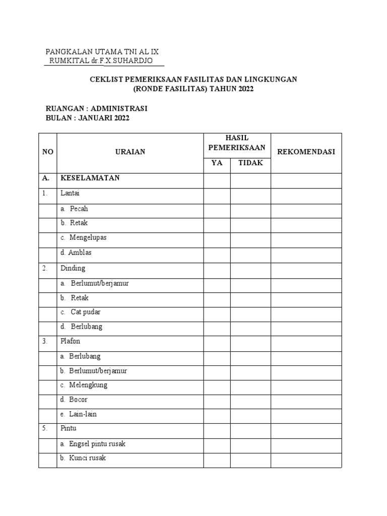 Administrasi Ceklist Pemeriksaan Fasilitas | PDF