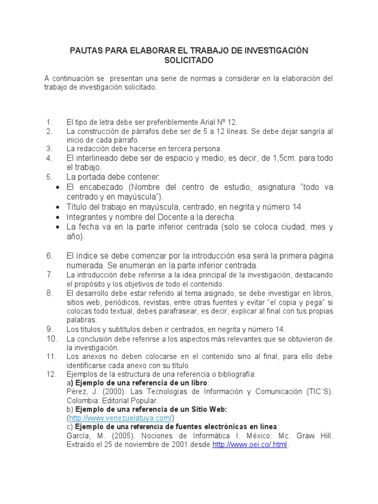 Pautas para Elaborar El Trabajo de Investigación Solicitado | PDF