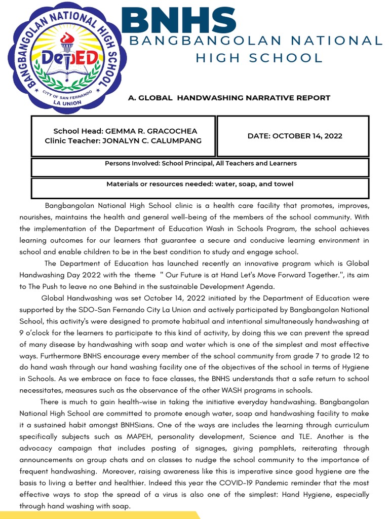 BNHS Global Handwashing Narrative Report | PDF | Hand Washing | Wash