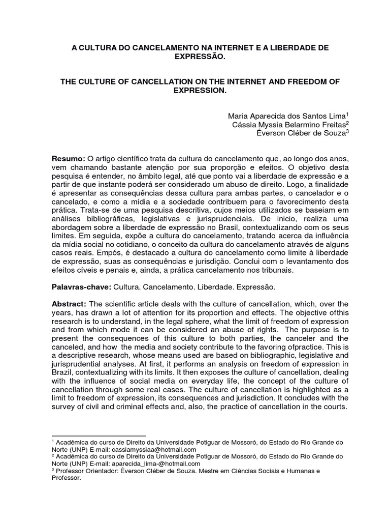 A Cultura Do Cancelamento Na Internet e A Liberdade de Expressão | PDF ...