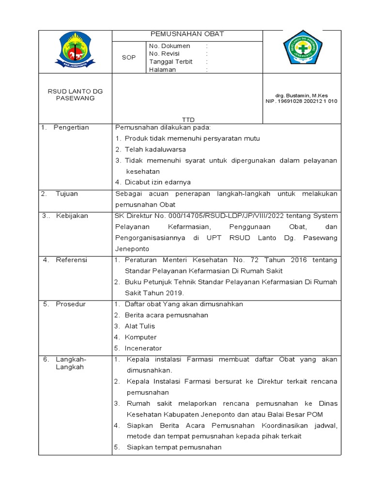 49-SOP PEMUSNAHAN OBAT Fix | PDF