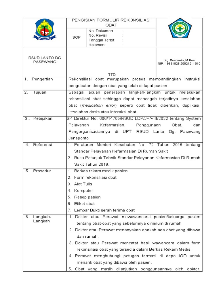 50-SOP PENGISIAN FORMULIR REKONSILIASI OBAT Fix | PDF