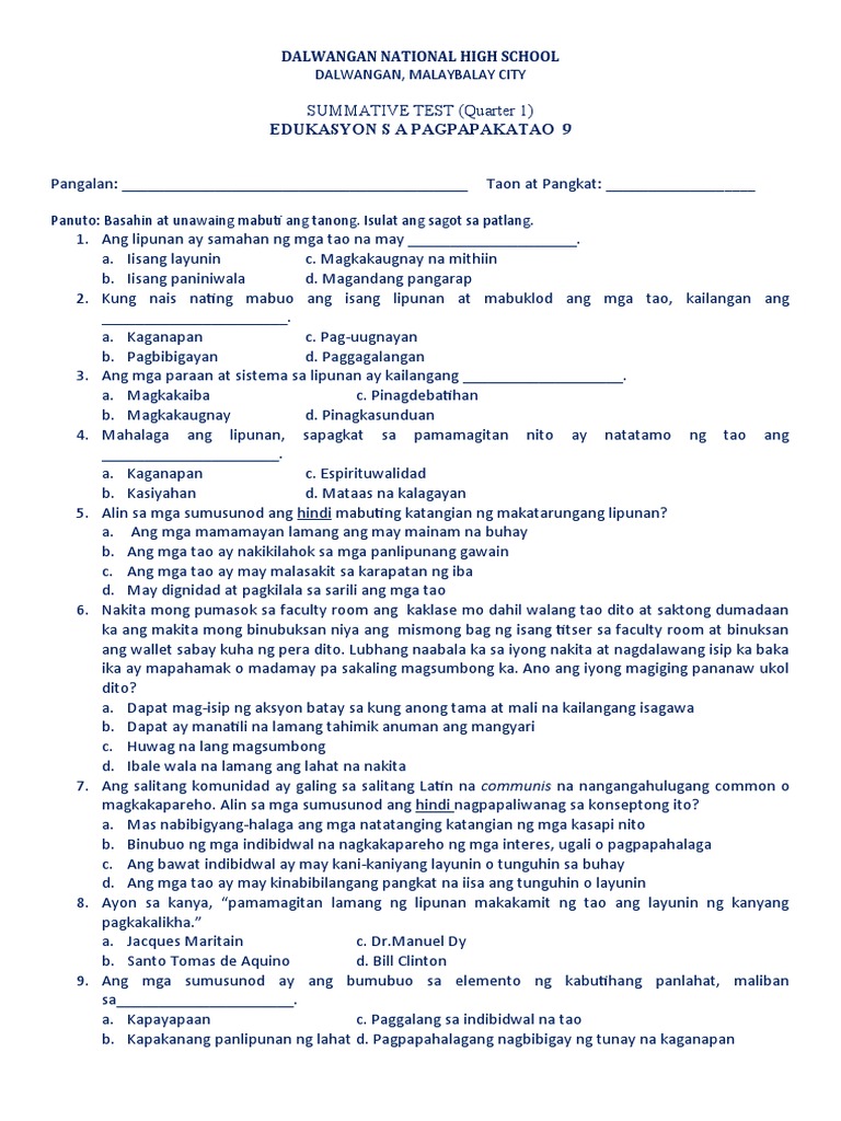 Esp 9 Assessment | PDF