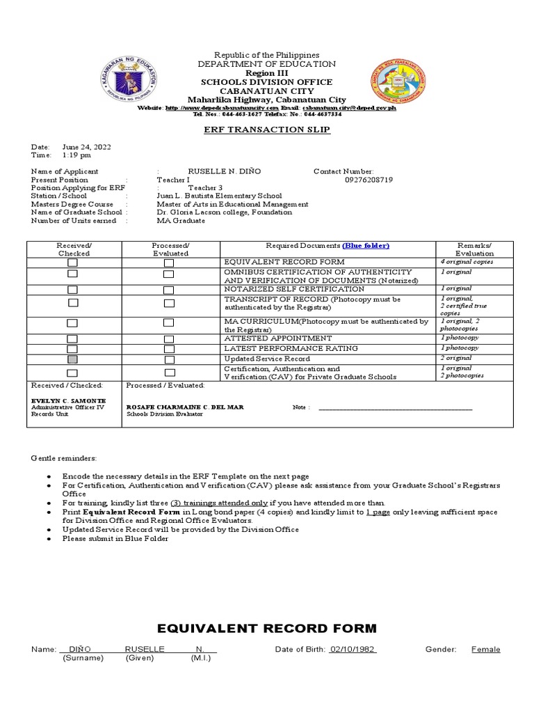 Equivalent Record Form Checklist 2021 | PDF | Teachers