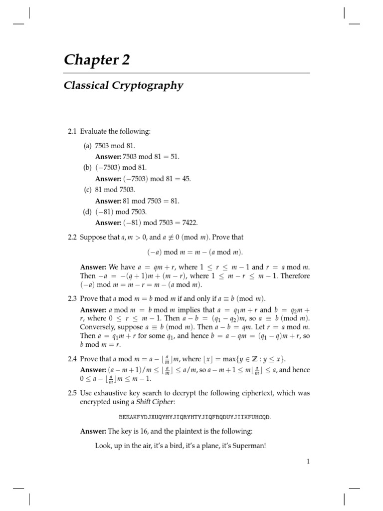 Classical Cryptography Chapter 2 Solutions | PDF | Matrix (Mathematics) | Cipher