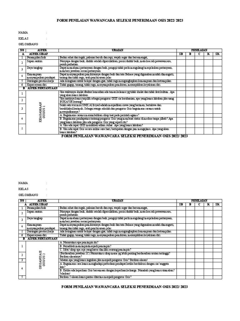 Form Penilaian Wawancara Seleksi Penerimaan Osis 2022 | PDF | Karier ...