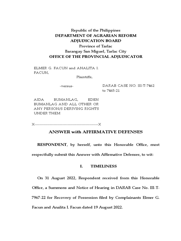 Answer With Affirmative Defenses - Bumanlag | PDF | Leasehold Estate | Civil Law (Common Law)