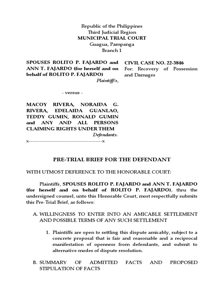 Pre-Trial Brief - FAJARDO | PDF | Title (Property) | Trials
