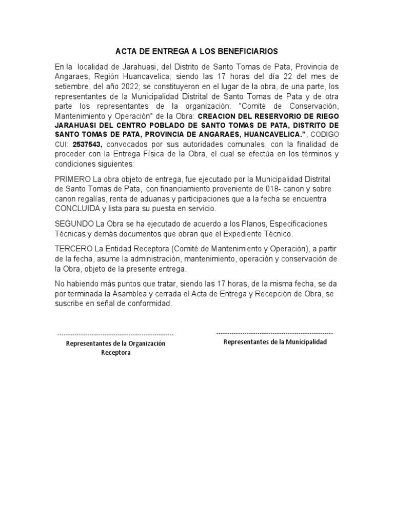 Acta de Entrega A Los Beneficiarios | PDF Acta de Entrega A Los Beneficiarios | PDF
