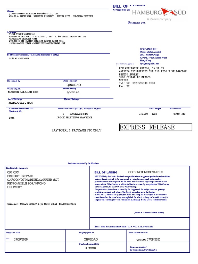 Express Release: B. L. No.: TAOZLO06153 | PDF | Cargo | Bill Of Lading