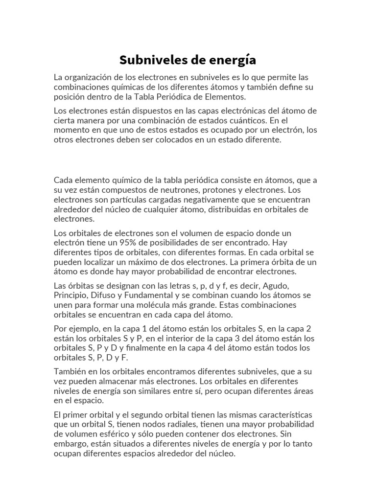 Subniveles de Energía | PDF | Electrón | Orbital atómico