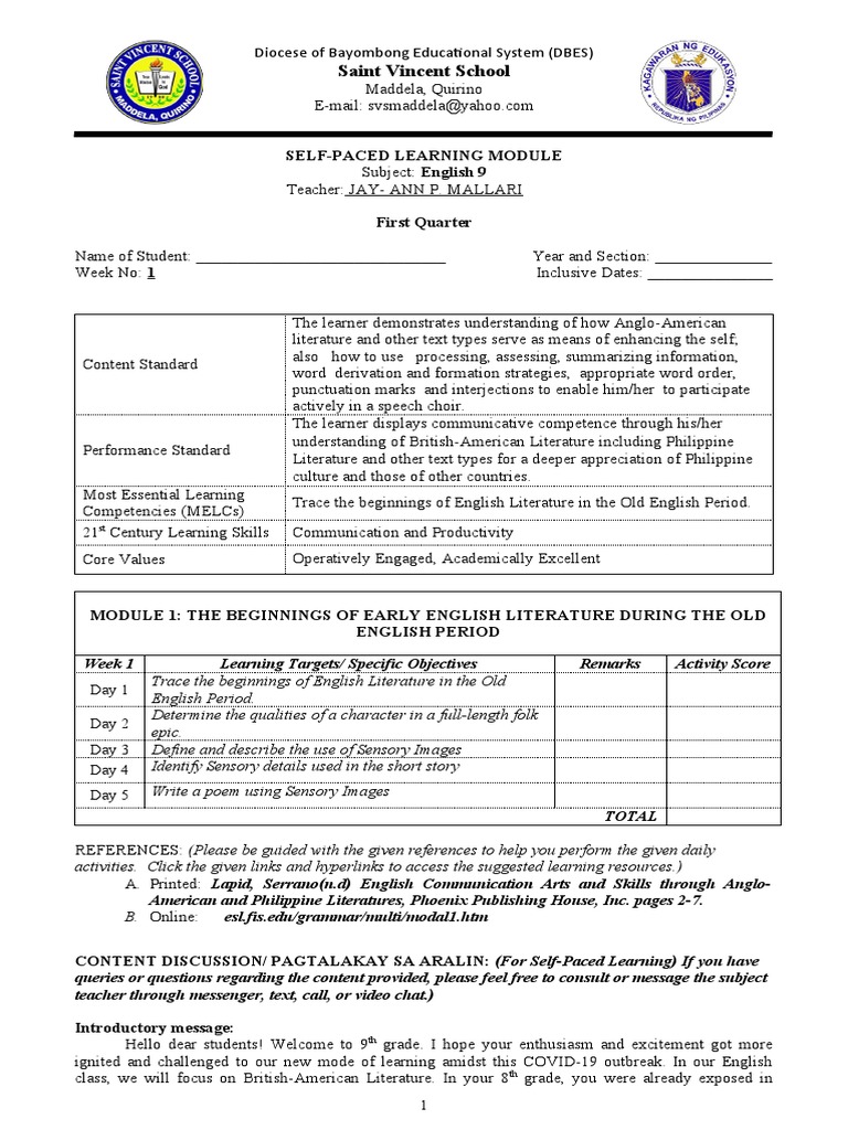 English 9 1stq W1 8 Module Whole Pdf Beowulf Learning