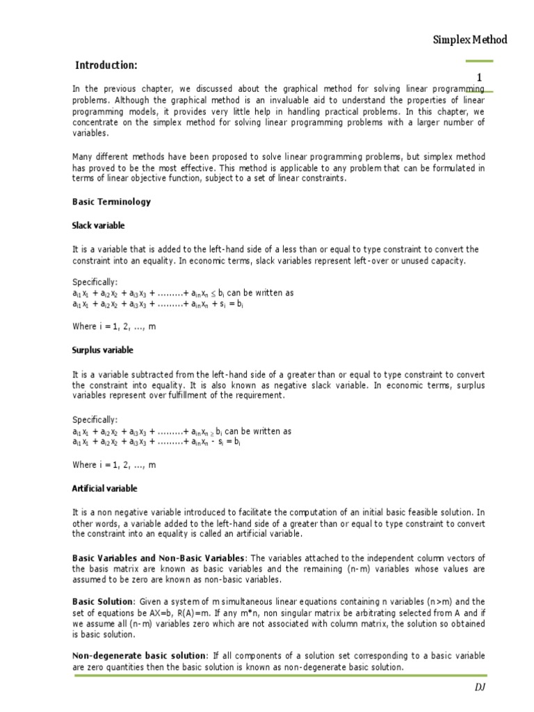 Class Note Simplex Method | PDF | Linear Programming | System Of Linear Equations