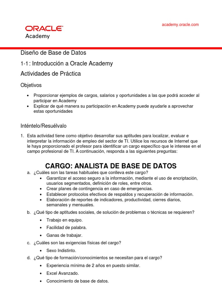 Práctica 1-1 Introducción A Oracle Academy | PDF | Bases de datos | Oracle Corporation
