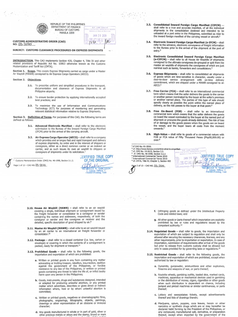 CAO 05-2020-Customs Clearance Procedures On Express Shipments | PDF