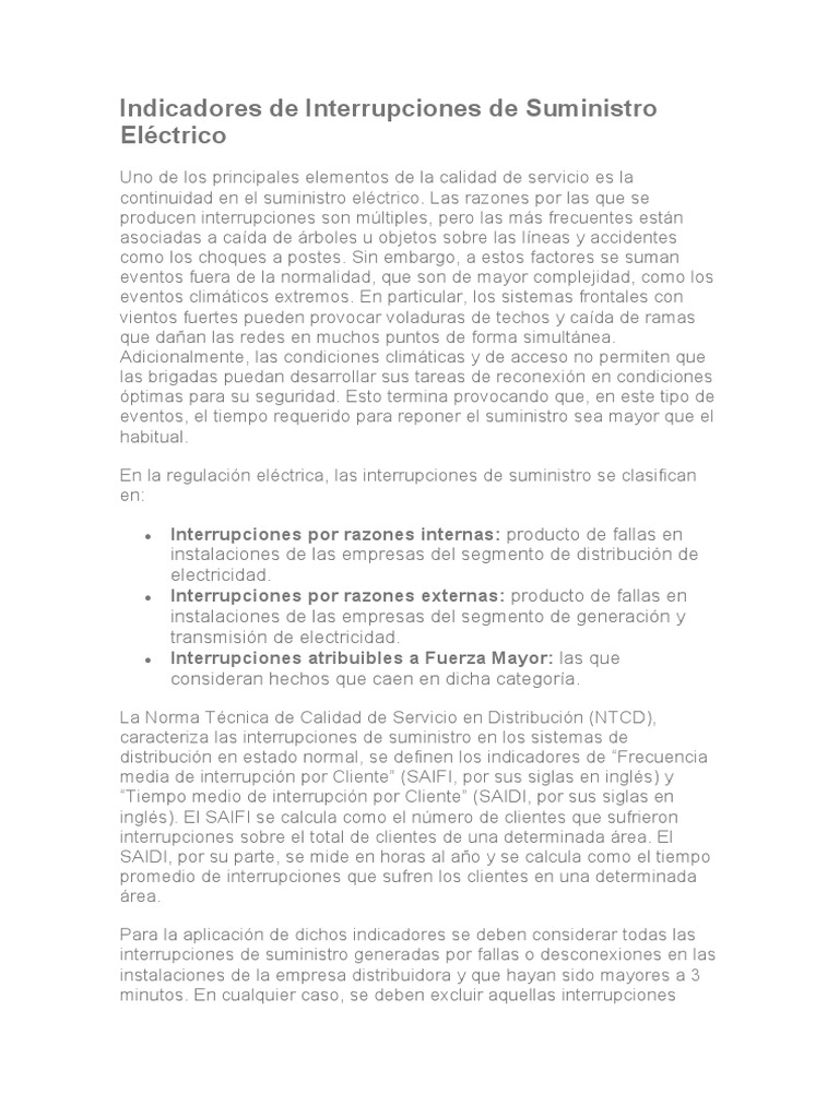 Indicadores de Interrupciones de Suministro Eléctrico | PDF | Red eléctrica | Calidad de servicio