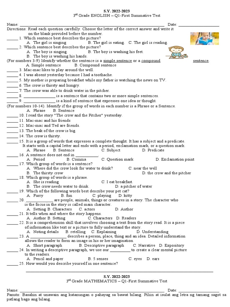 Q1-First Summative Test 2022-2023-All Subjects - Grade 3 | PDF ...