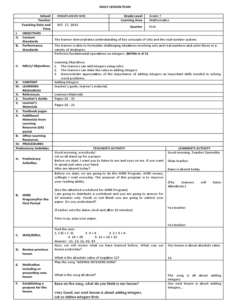 Detailed Lesson Plan Math Grade 7 | PDF | Integer | Natural Number