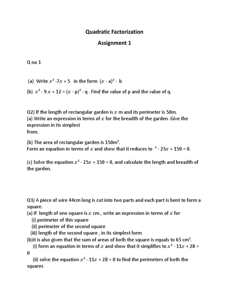 Quadratic Factorization Assignment Pdf Speed Area