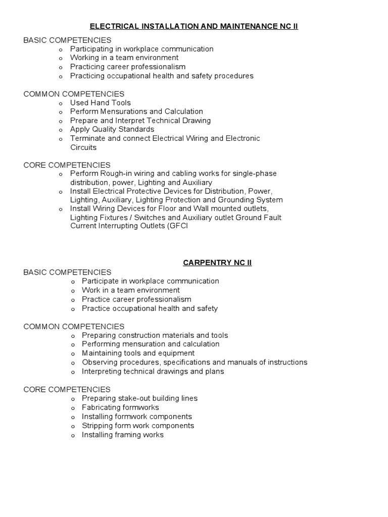 Competencies TVL Specializations | PDF | Electrical Wiring | Welding