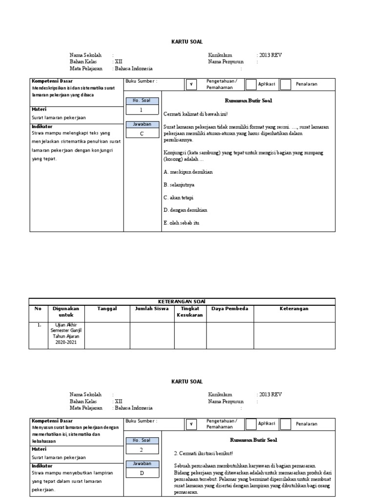 Kartu Soal UAS Ganjil Bahasa Indonesia Kelas XII | PDF
