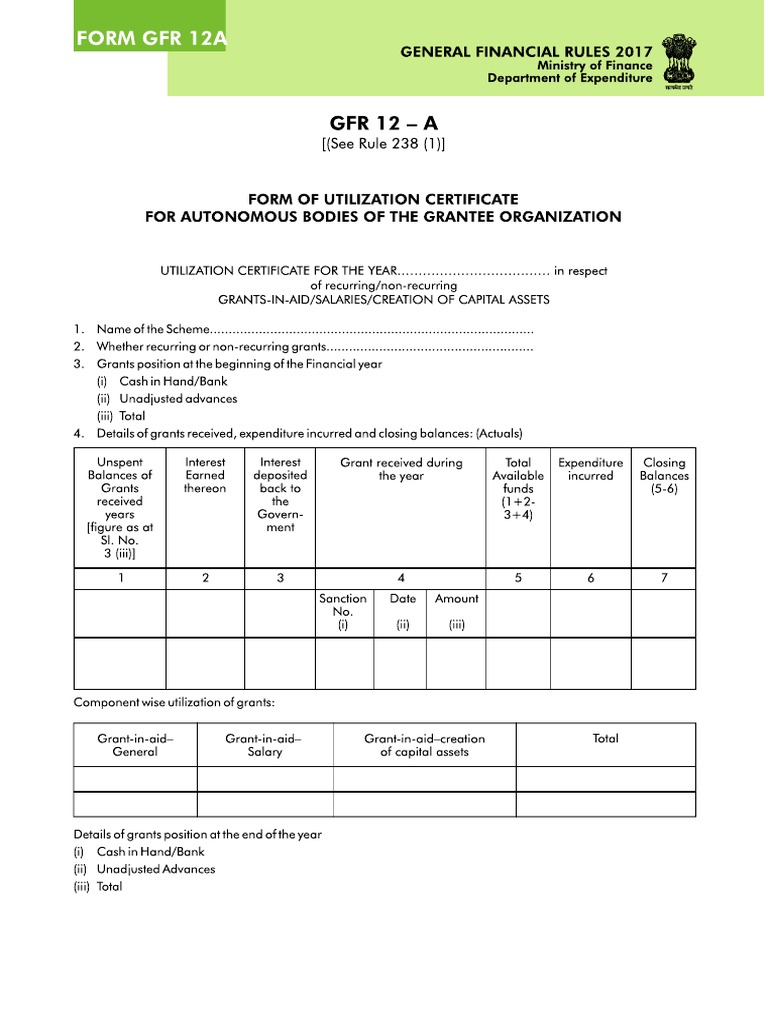 Form GFR 12-A Utilisation Certificate | PDF