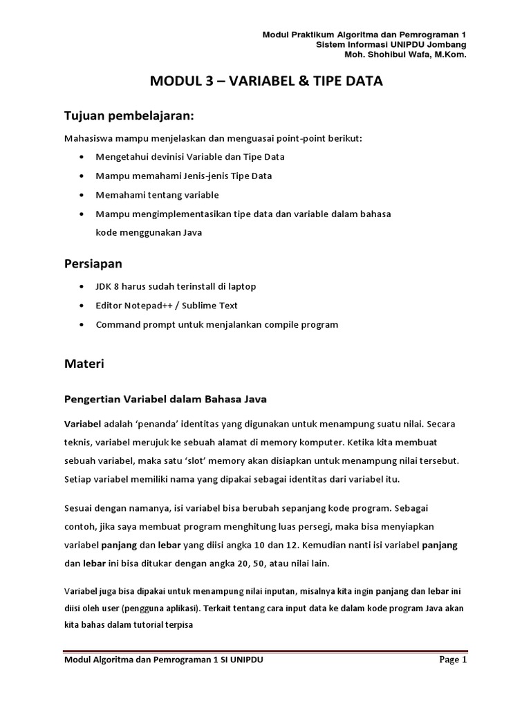 Modul 3 Variabel Dan Tipe Data Pdf