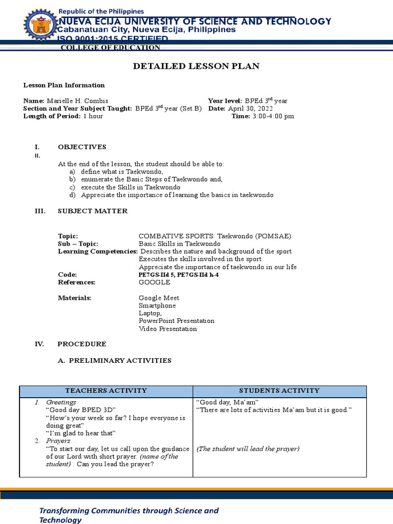 DLP - Pe - Combis, Marielle H - Bped 3D | PDF | Taekwondo | Combat Sports