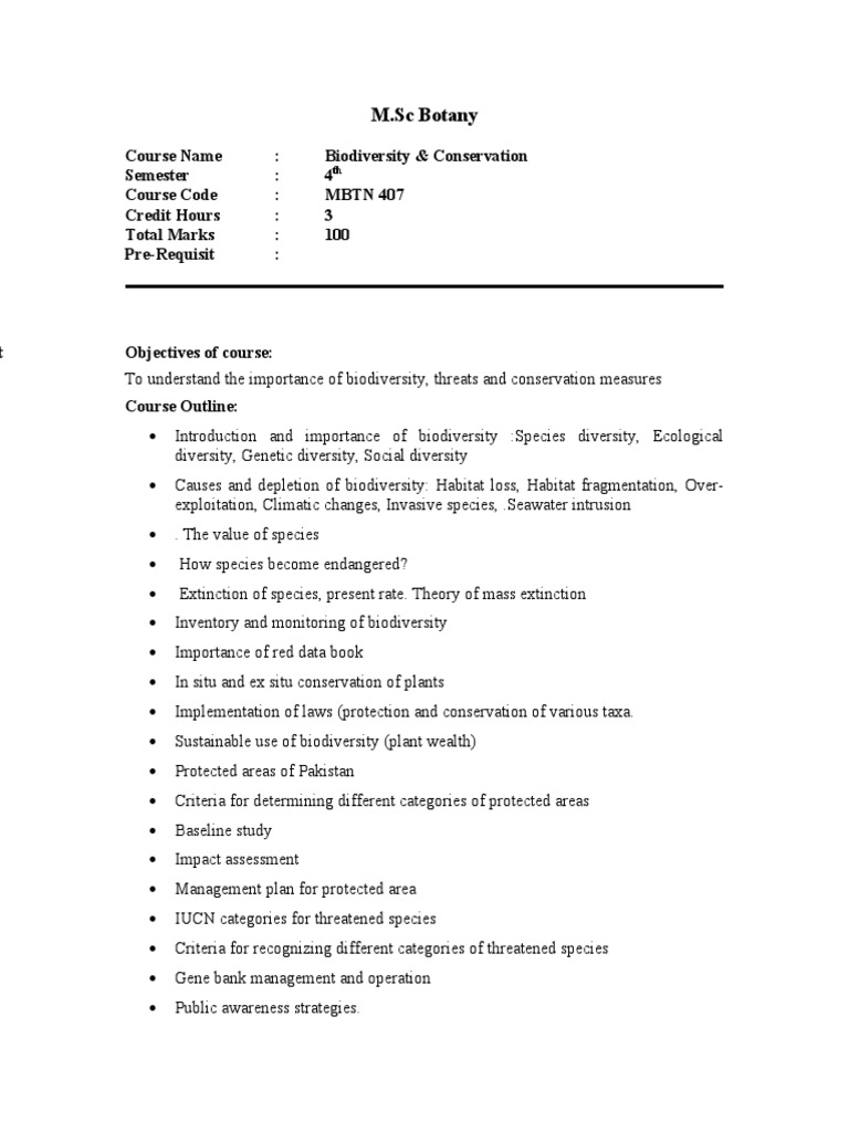 MSc Botany Biodiversity & Conservation Course | PDF | Biodiversity ...