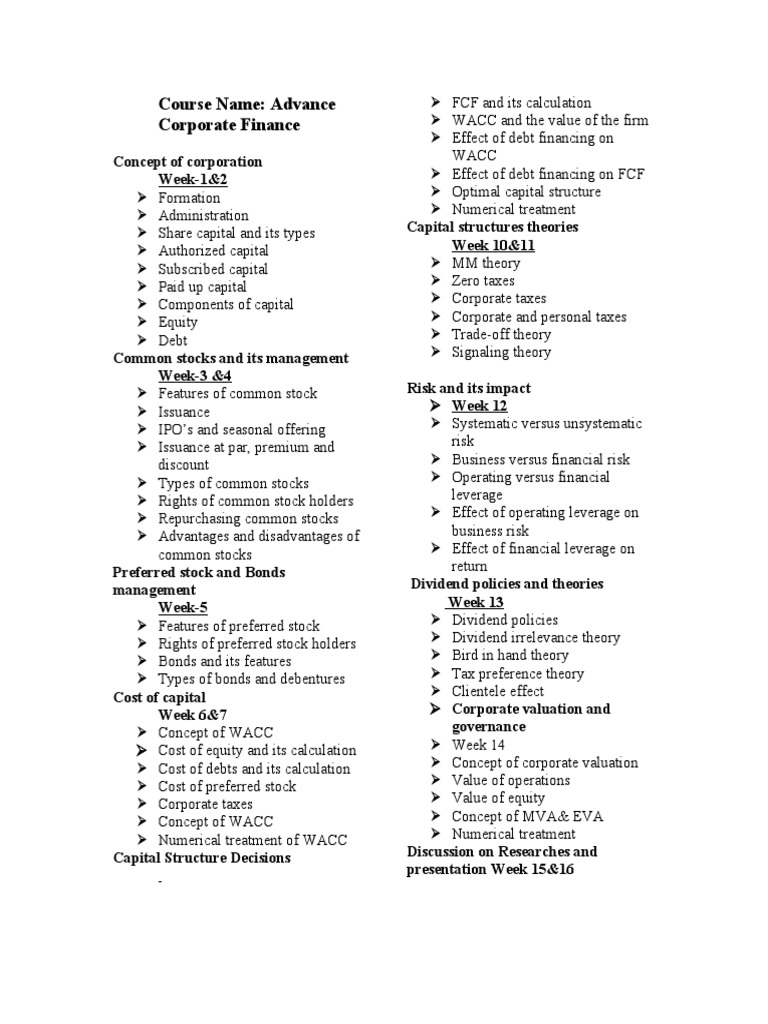 Advance Corporate Finance Pdf Capital Structure Preferred Stock