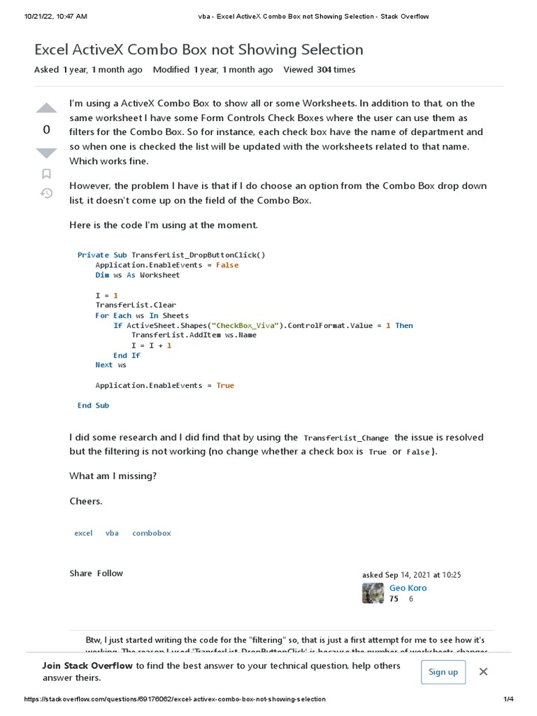 Vba - Excel ActiveX Combo Box Not Showing Selection - Stack Overflow | PDF | Visual Basic For ...