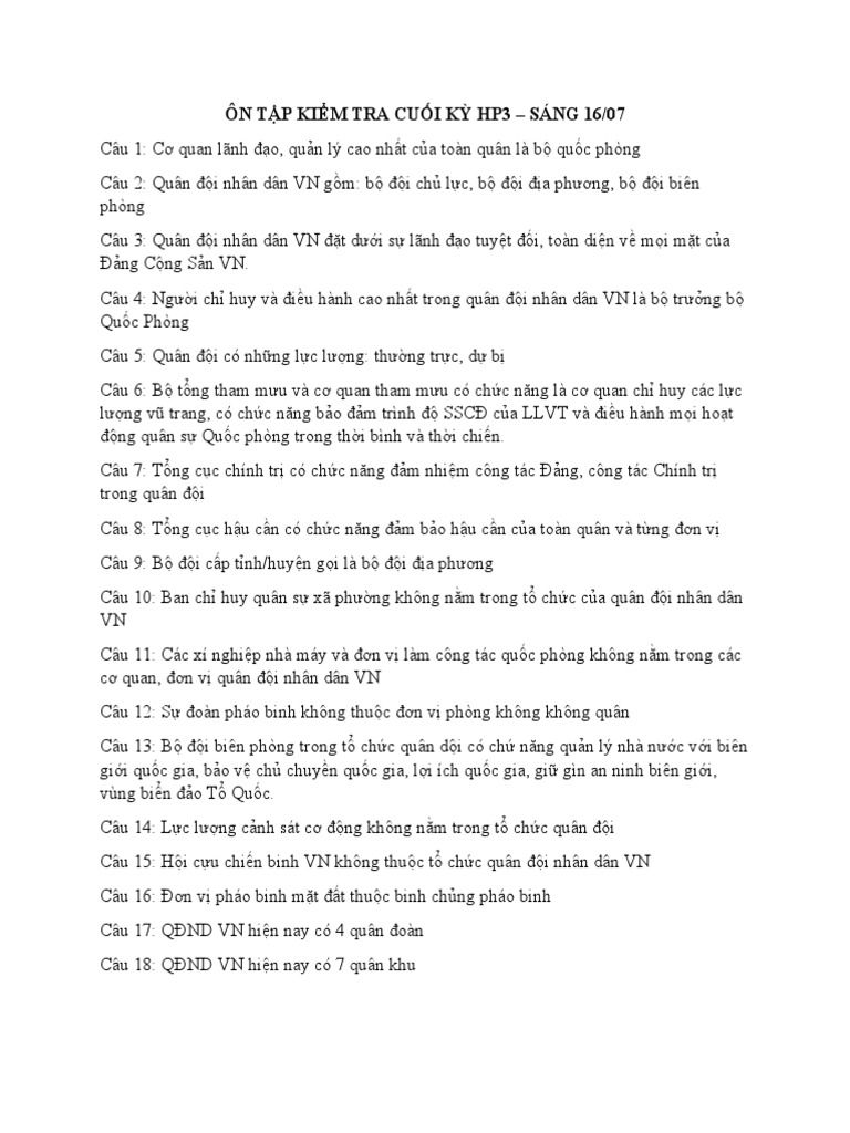 ÔN TẬP KIỂM TRA CUỐI KỲ HP3 | PDF