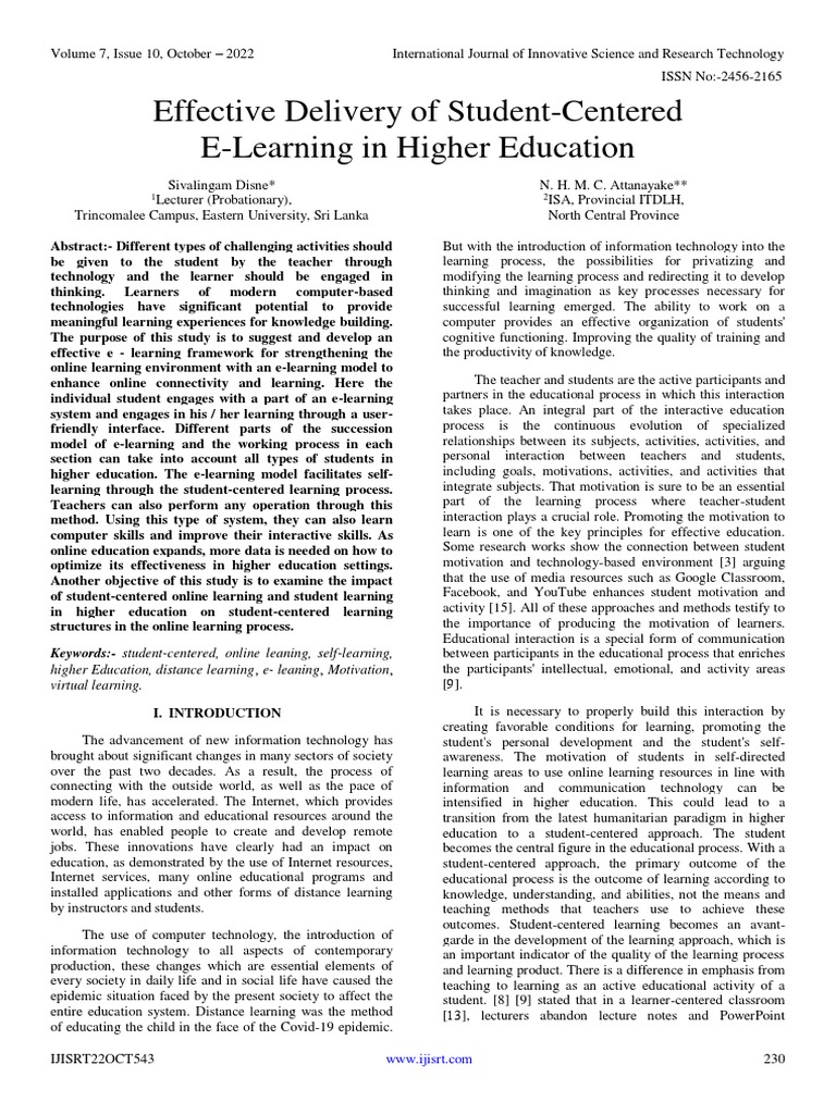 Effective Delivery of Student-Centered E-Learning in Higher Education | PDF | Educational ...