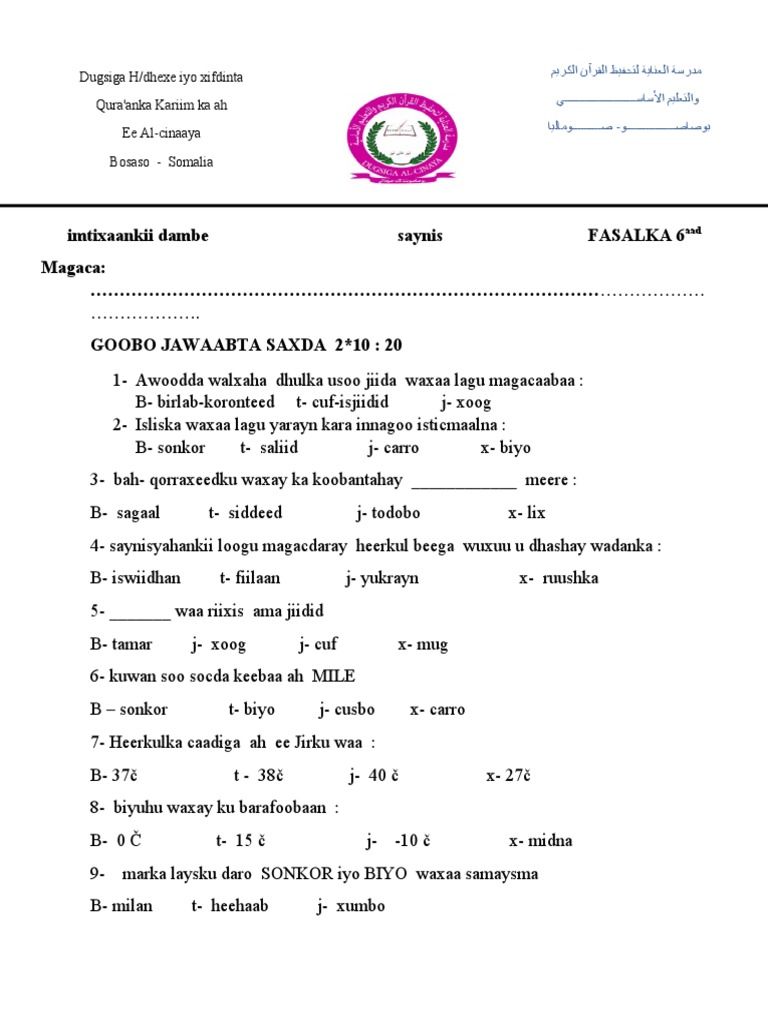 Imtixaankii Dambe Saynis Fasalka 6 Magaca: Goobo Jawaabta Saxda 2 10: ...