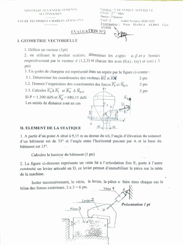 Mécanique Appliquée - Lycée Technique Charles Atangana - Classe Seconde F4 - Cameroun | PDF