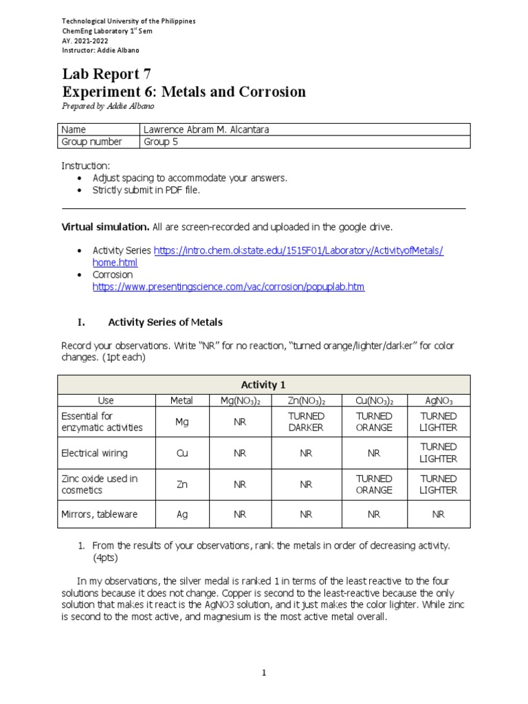 Lab Report 7 Metals and Corrosion | PDF | Rust | Corrosion